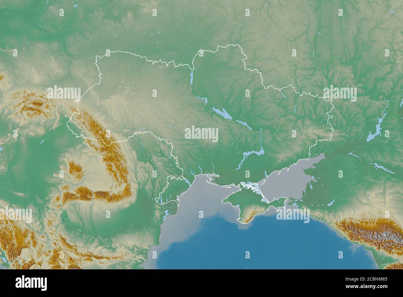 Extended area of outlined Ukraine. Topographic relief map. 3D rendering ...