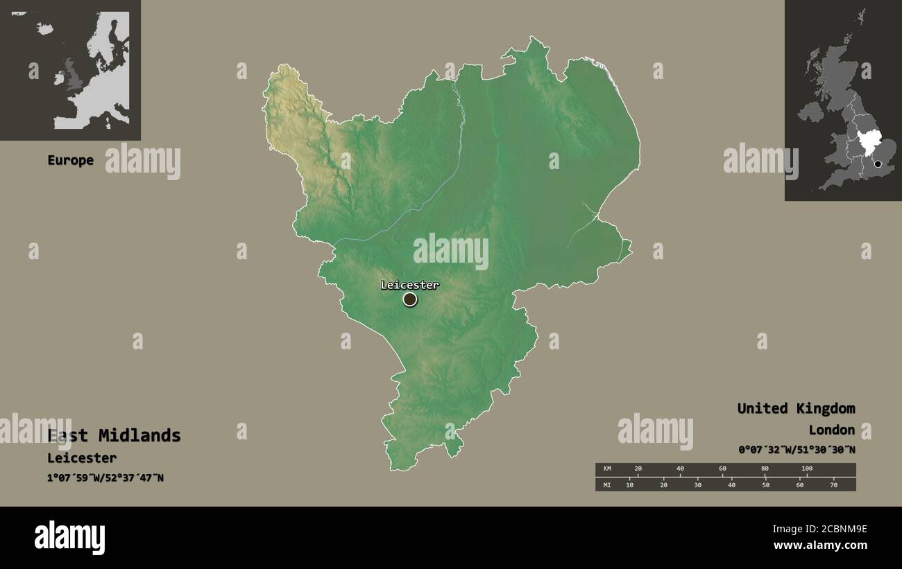 Shape of East Midlands, region of United Kingdom, and its capital ...