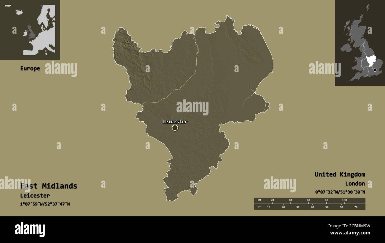 Shape of East Midlands, region of United Kingdom, and its capital ...