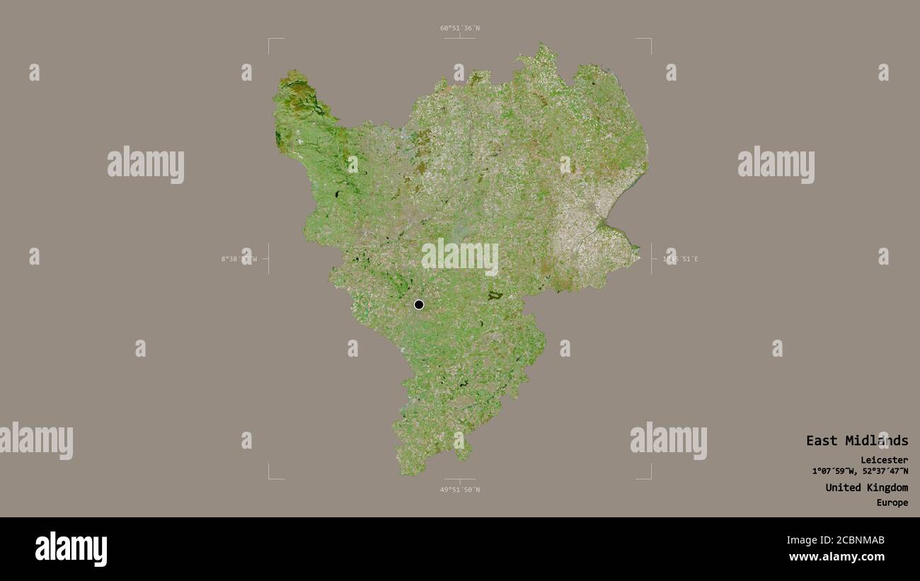Area of East Midlands, region of United Kingdom, isolated on a solid ...