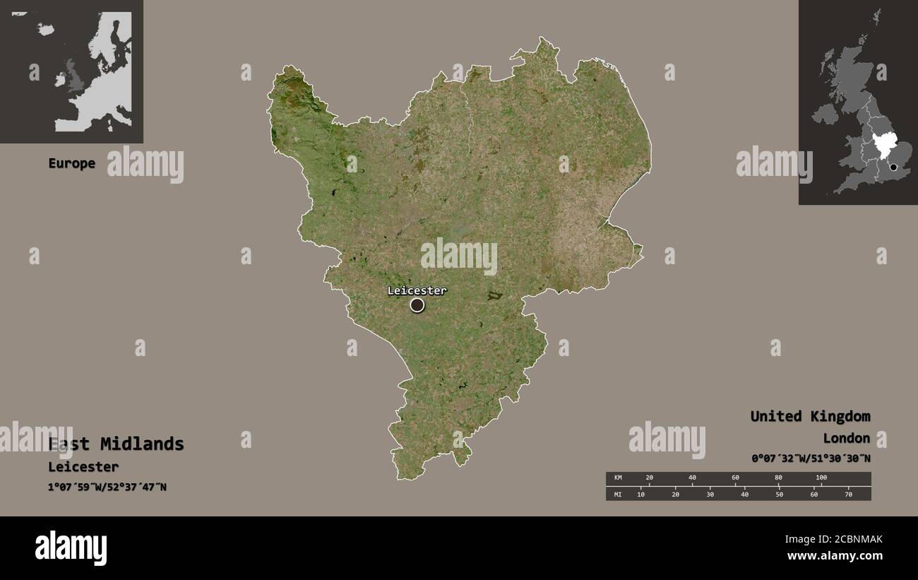 Shape of East Midlands, region of United Kingdom, and its capital ...