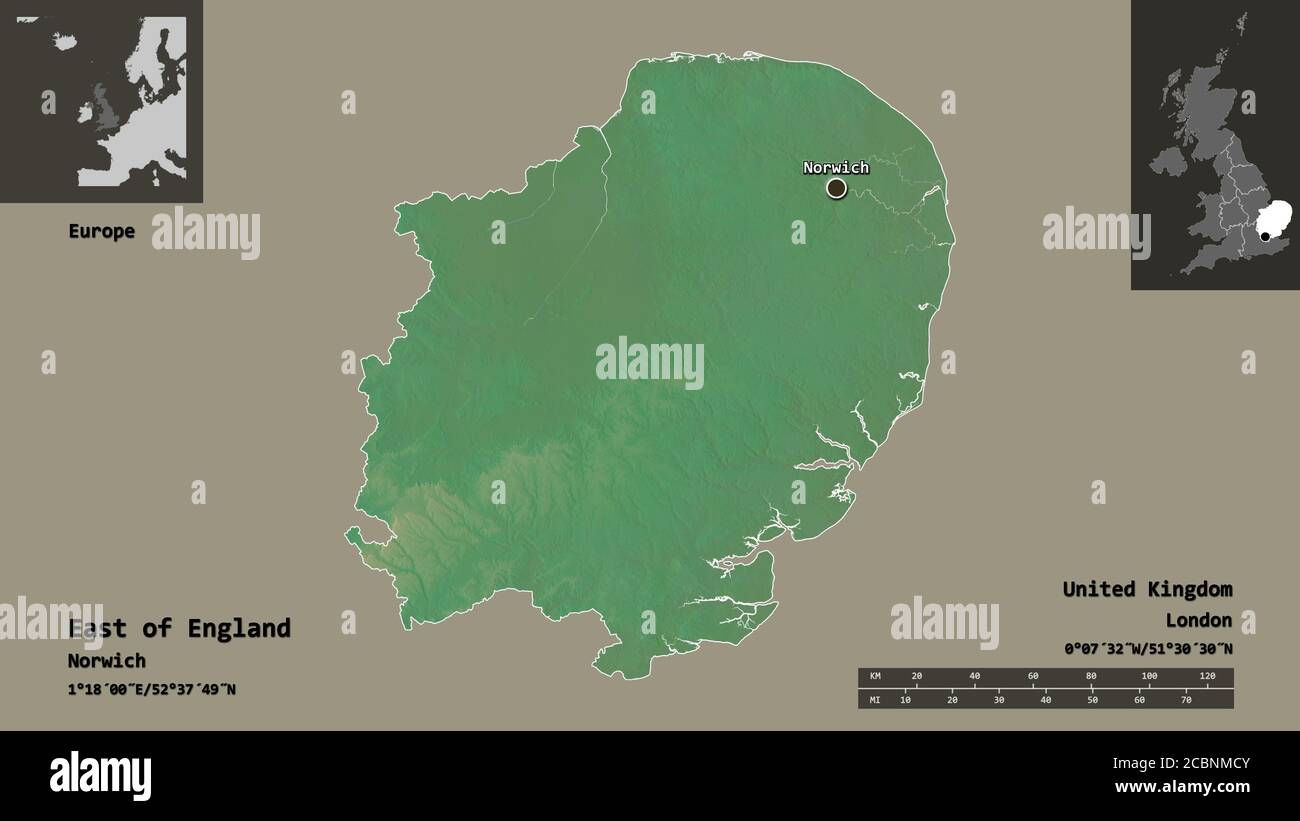 Shape of East of England, region of United Kingdom, and its capital ...