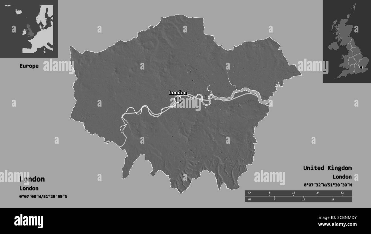 Shape of London, region of United Kingdom, and its capital. Distance ...