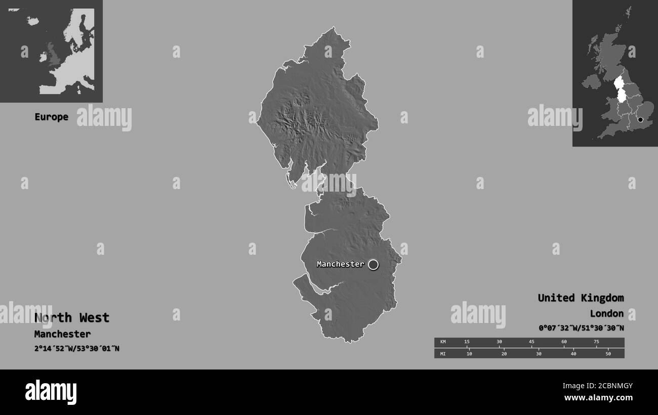 Shape of North West, region of United Kingdom, and its capital ...