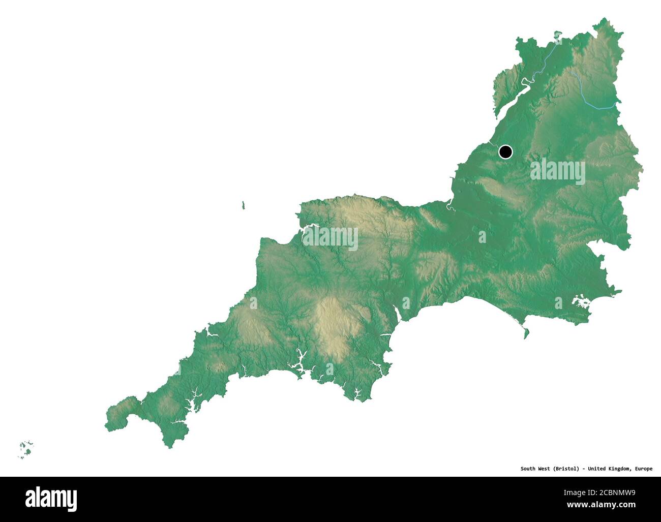Shape of South West, region of United Kingdom, with its capital ...