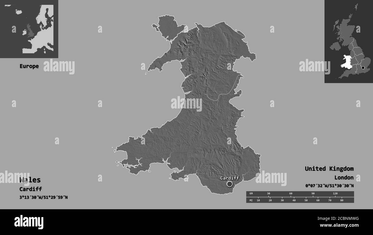 Shape of Wales, region of United Kingdom, and its capital. Distance ...