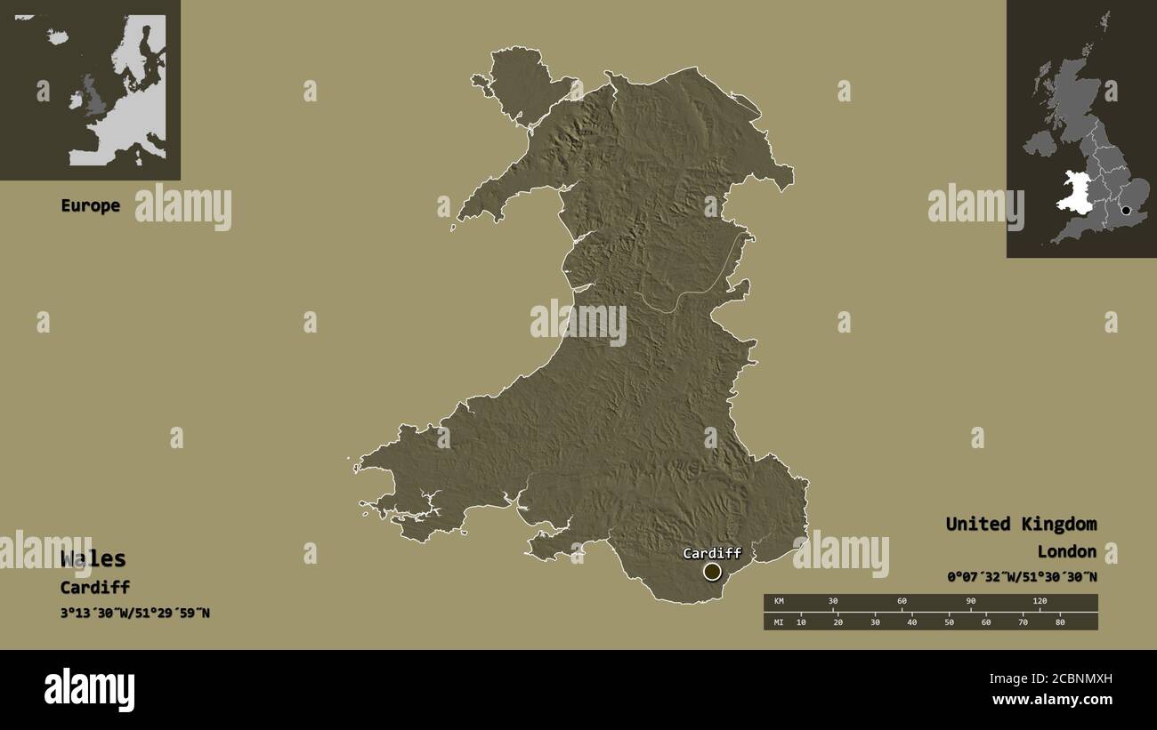 Shape of Wales, region of United Kingdom, and its capital. Distance ...