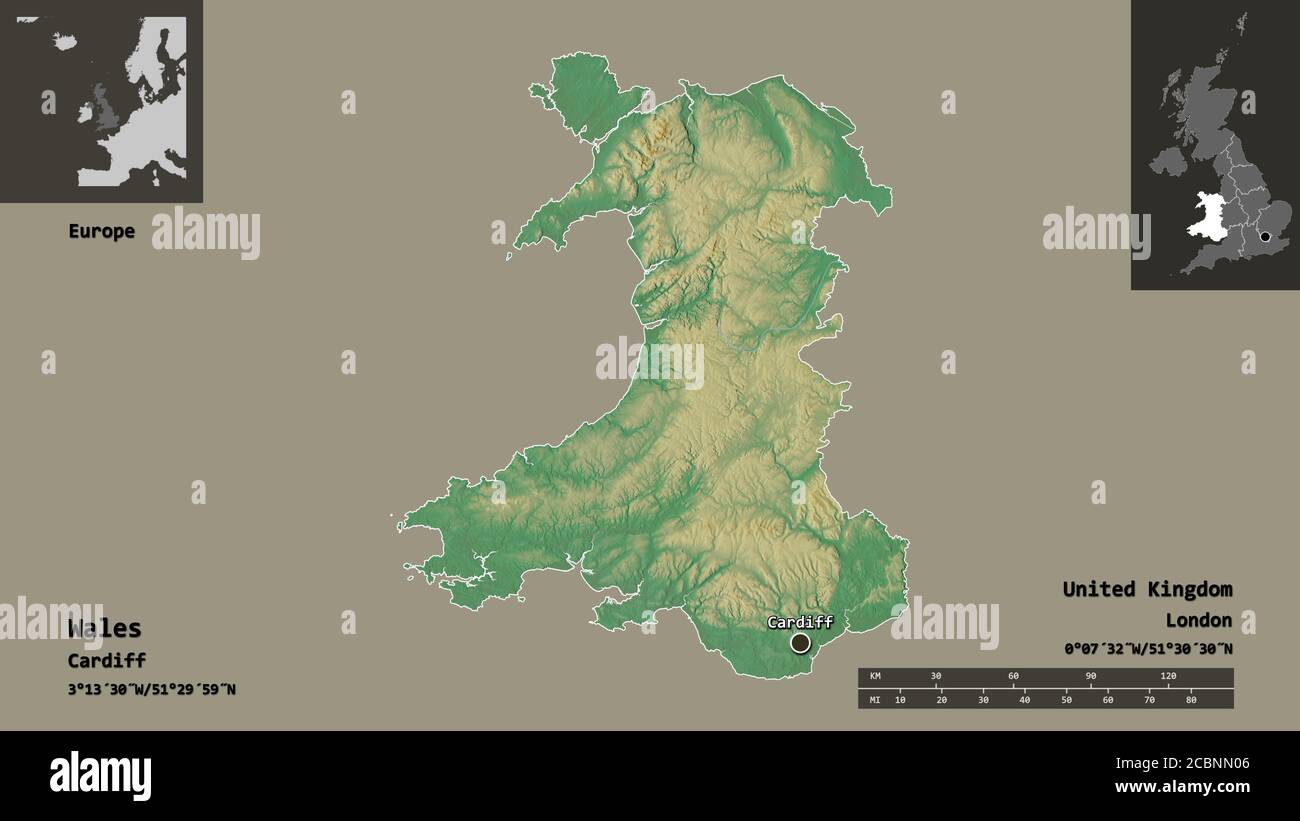Shape of Wales, region of United Kingdom, and its capital. Distance ...