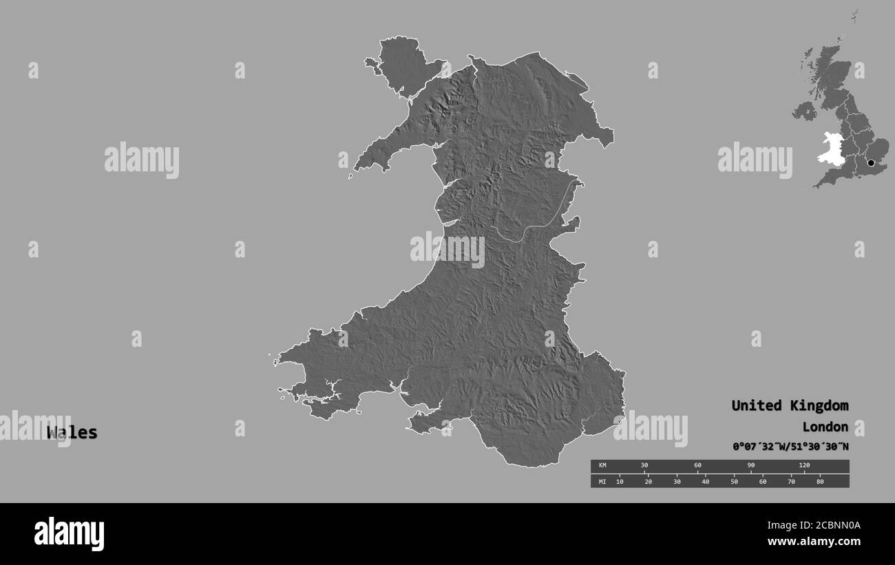 Shape of Wales, region of United Kingdom, with its capital isolated on ...