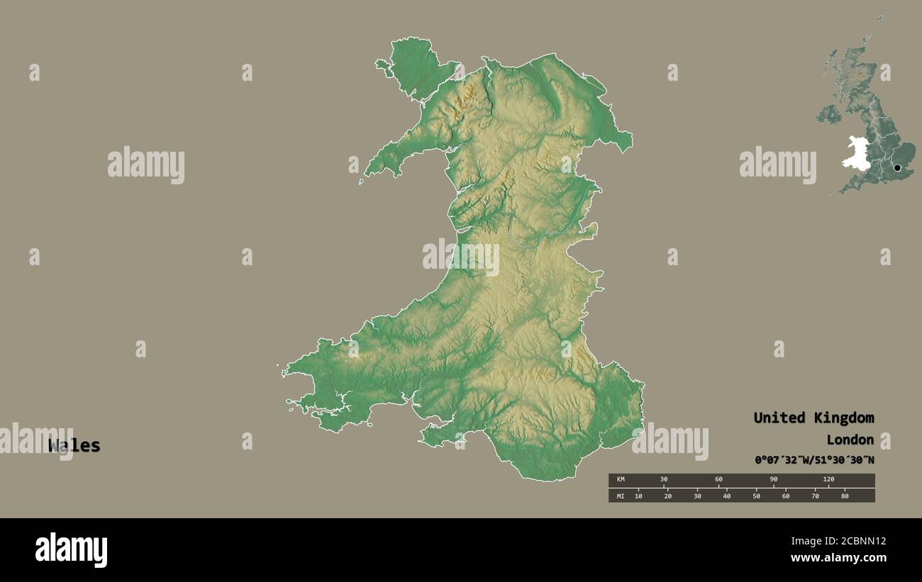 Shape of Wales, region of United Kingdom, with its capital isolated on ...