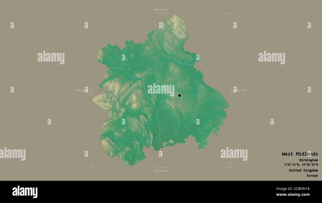 Area of West Midlands, region of United Kingdom, isolated on a solid ...