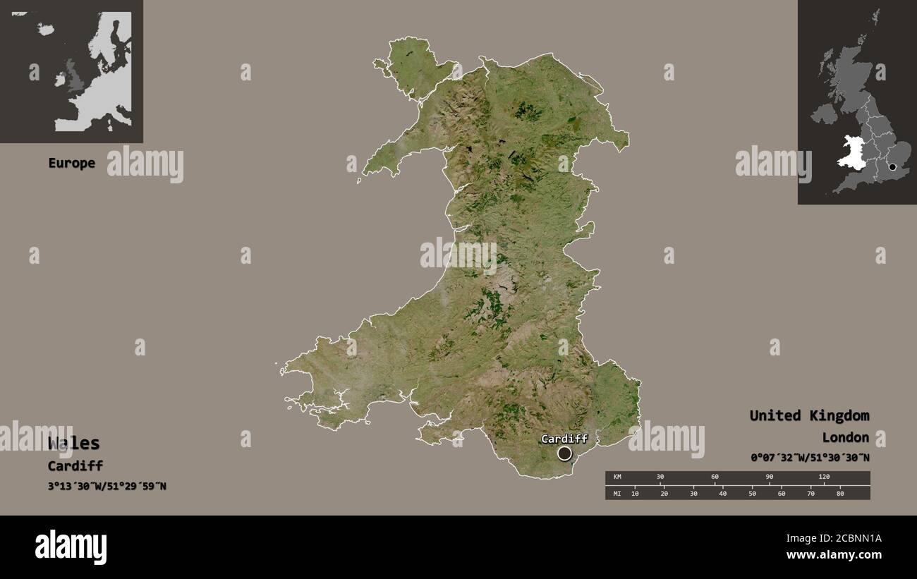 Shape of Wales, region of United Kingdom, and its capital. Distance ...