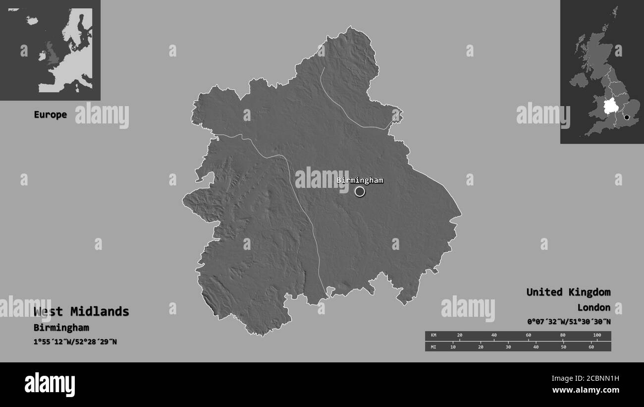Shape of West Midlands, region of United Kingdom, and its capital ...