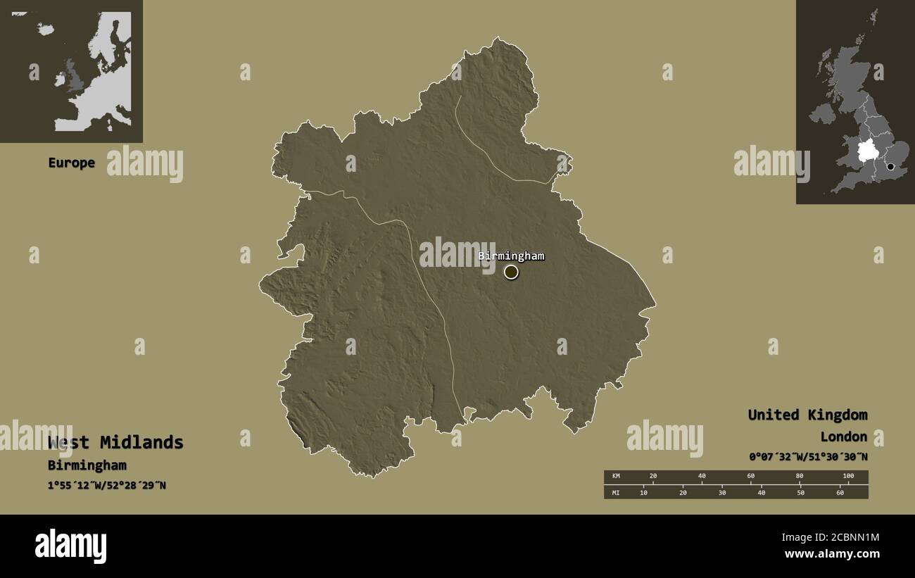 Shape of West Midlands, region of United Kingdom, and its capital ...
