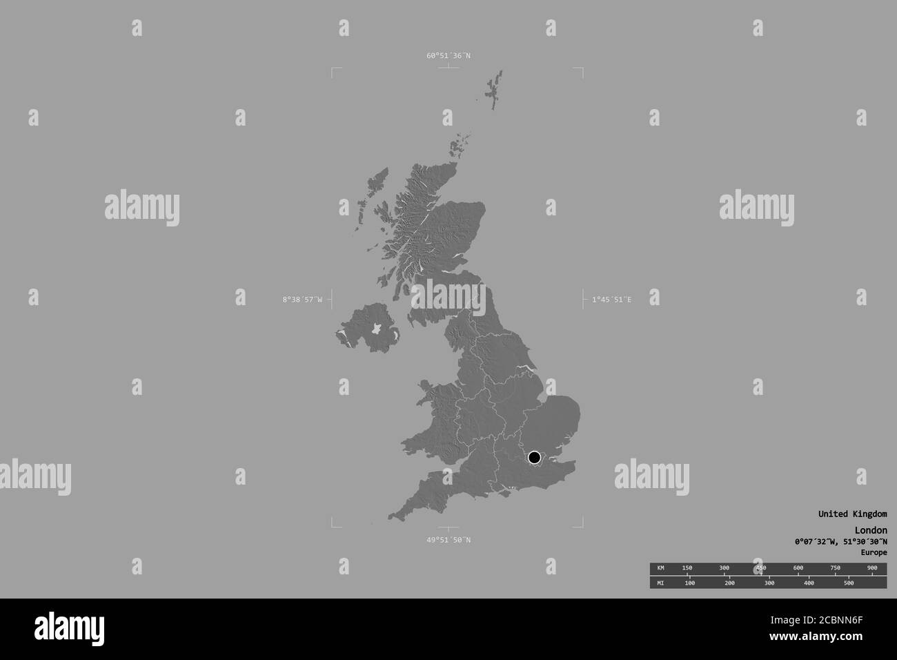 Area of United Kingdom isolated on a solid background in a ...