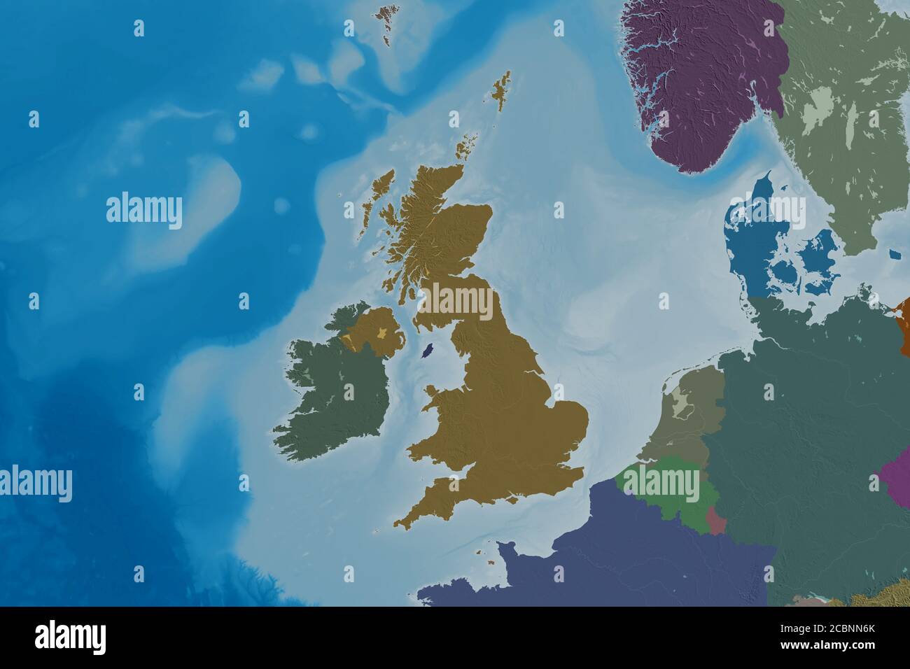 Extended area of United Kingdom. Colored elevation map. 3D rendering ...