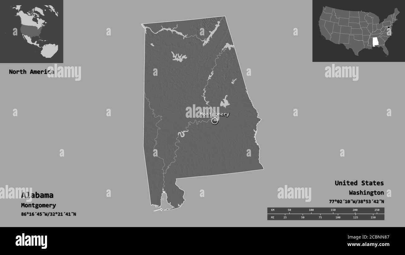 Shape of Alabama, state of Mainland United States, and its capital ...