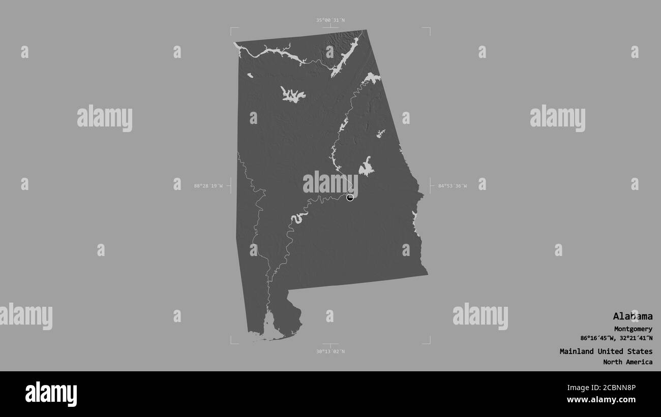 Area of Alabama, state of Mainland United States, isolated on a solid ...