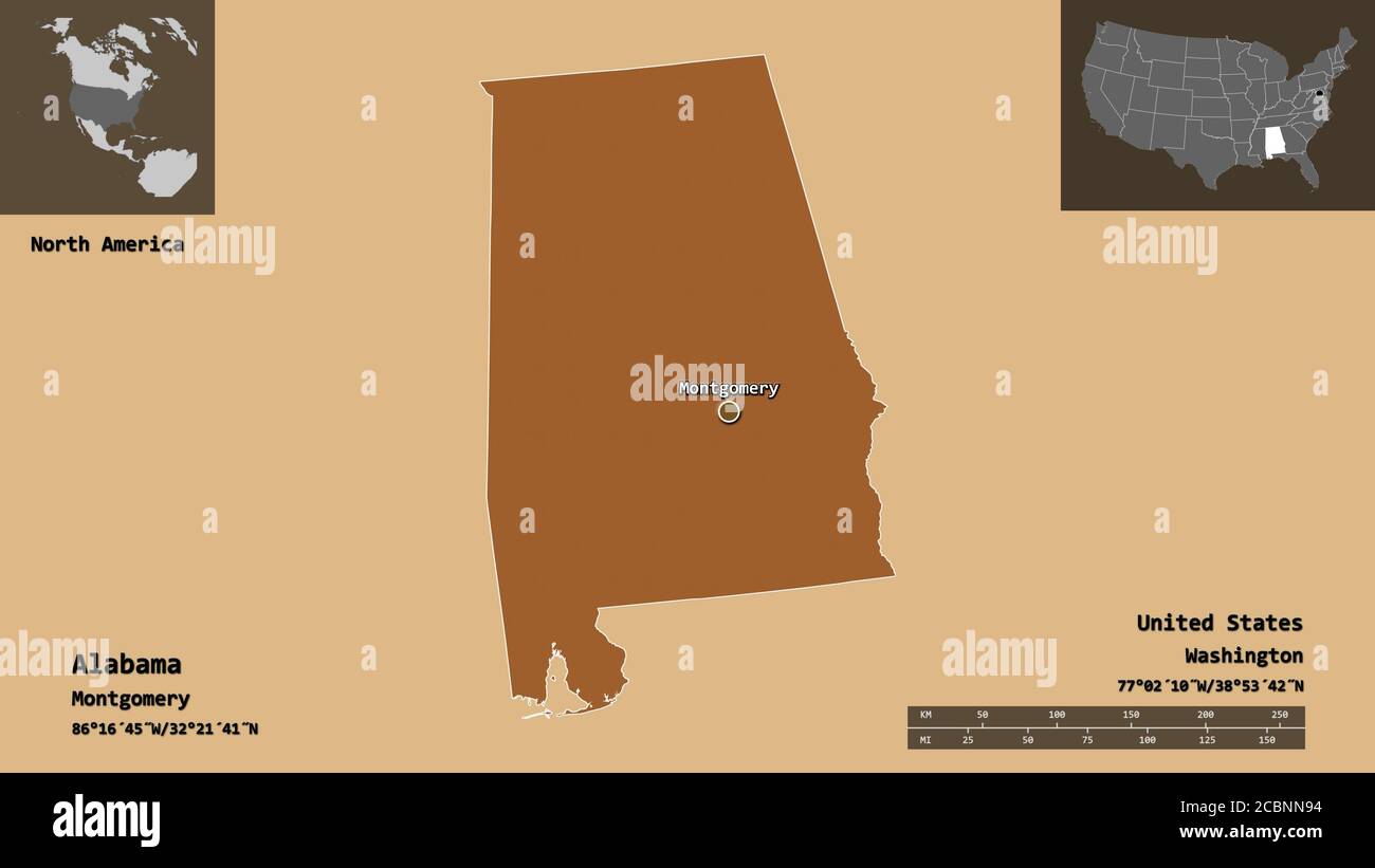 Shape of Alabama, state of Mainland United States, and its capital ...