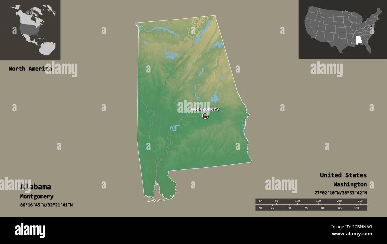 Shape of Alabama, state of Mainland United States, and its capital ...