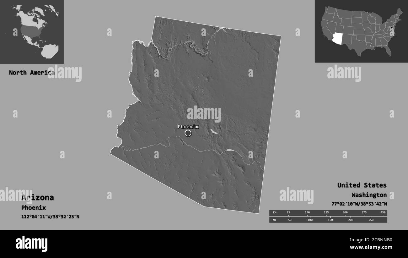 Shape of Arizona, state of Mainland United States, and its capital ...