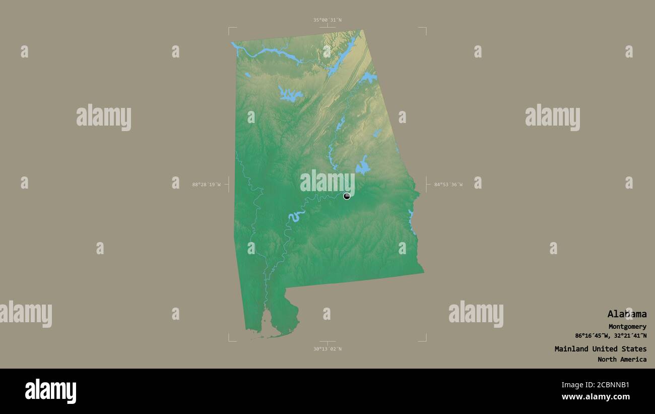 Area of Alabama, state of Mainland United States, isolated on a solid ...