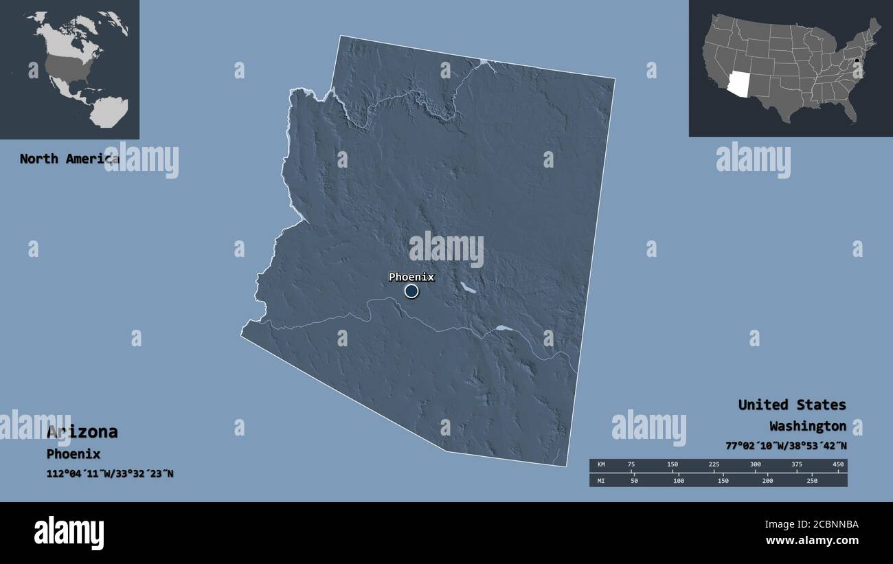 Shape of Arizona, state of Mainland United States, and its capital ...
