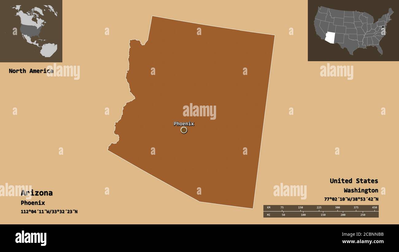 Shape of Arizona, state of Mainland United States, and its capital ...