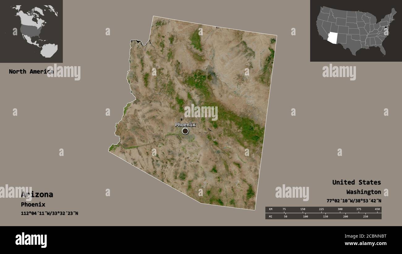Shape of Arizona, state of Mainland United States, and its capital ...