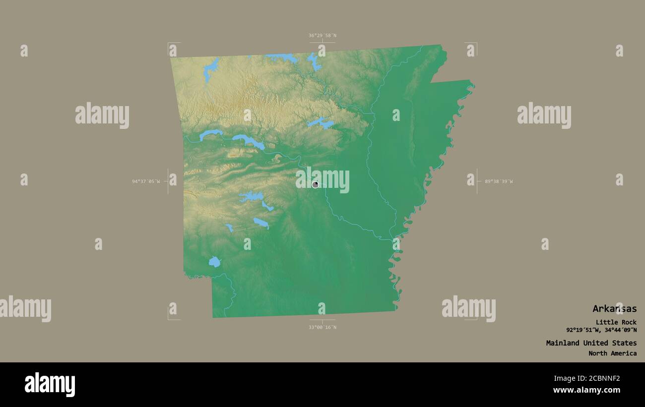 Area of Arkansas, state of Mainland United States, isolated on a solid ...