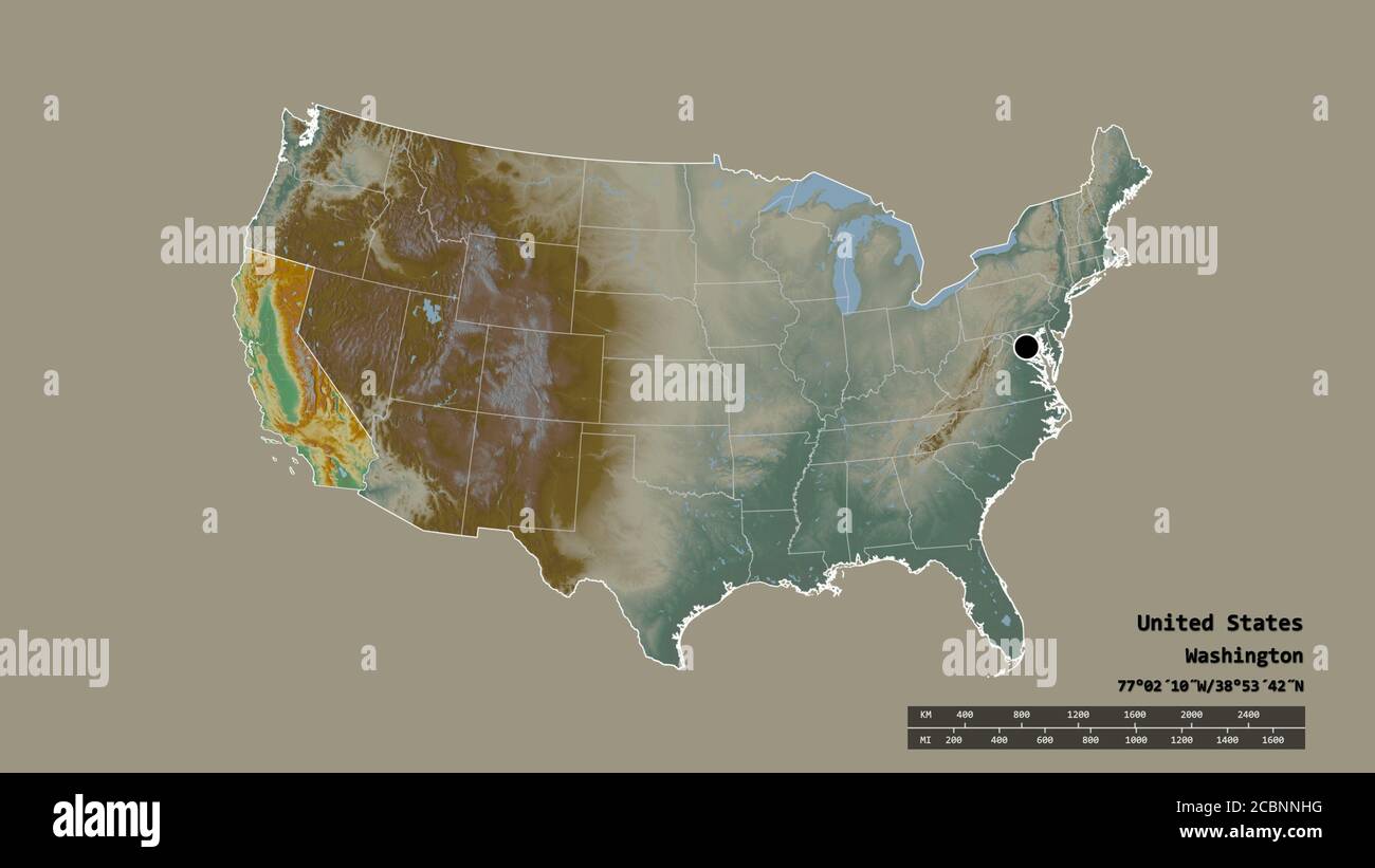Desaturated shape of Mainland United States with its capital, main ...