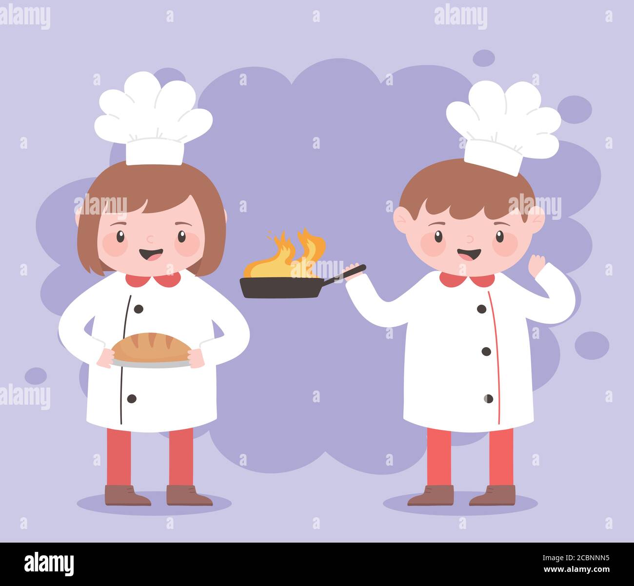 chefs boy and girl cartoon character with fried pan and bread vector ...