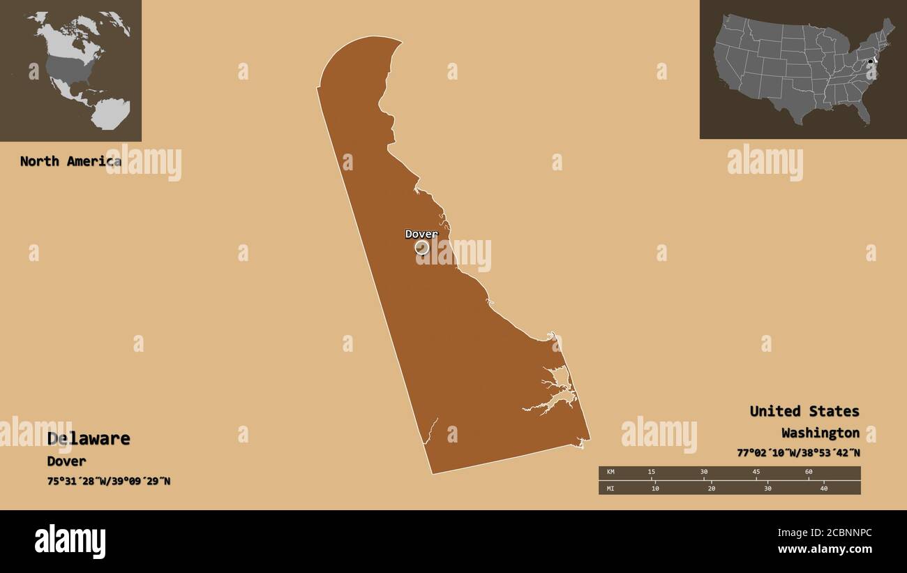 Shape of Delaware, state of Mainland United States, and its capital ...