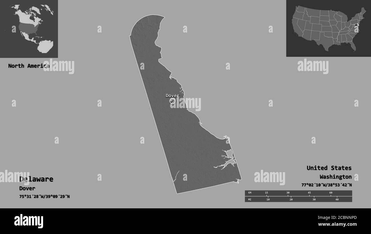 Shape of Delaware, state of Mainland United States, and its capital ...