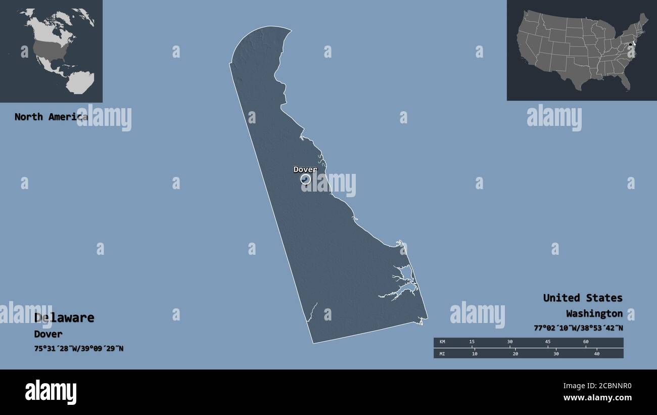 Shape of Delaware, state of Mainland United States, and its capital ...