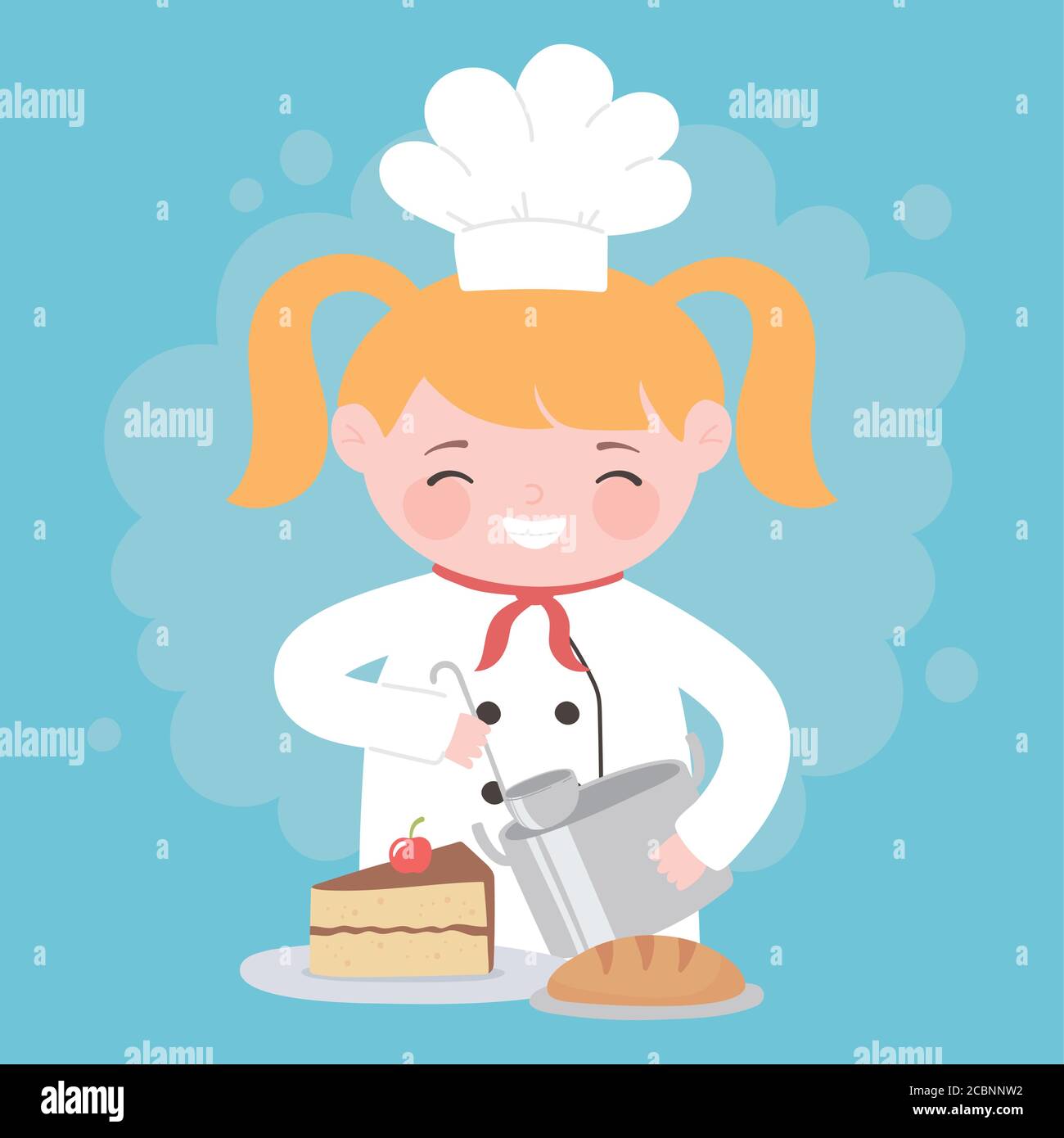 chef blonde girl cooking with pot bread and cake cartoon character ...