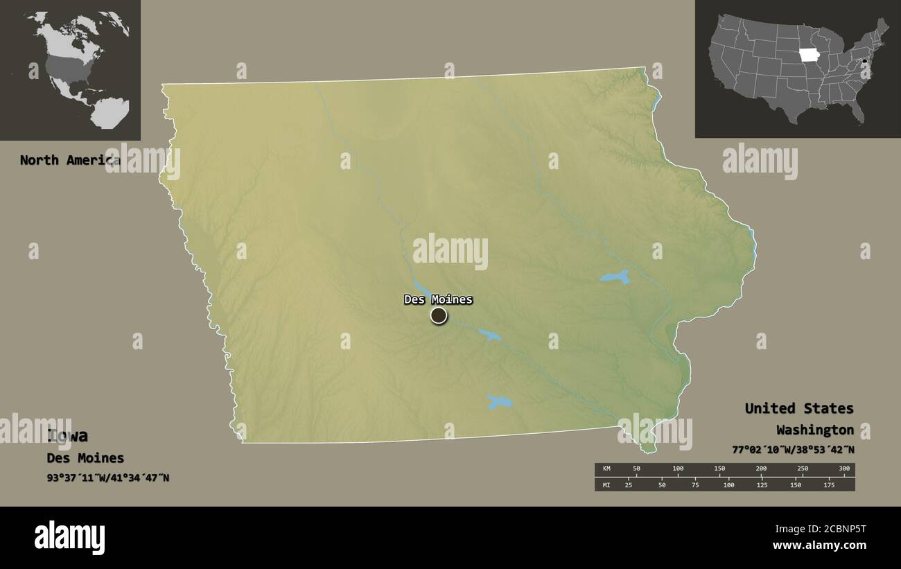 Shape of Iowa, state of Mainland United States, and its capital ...