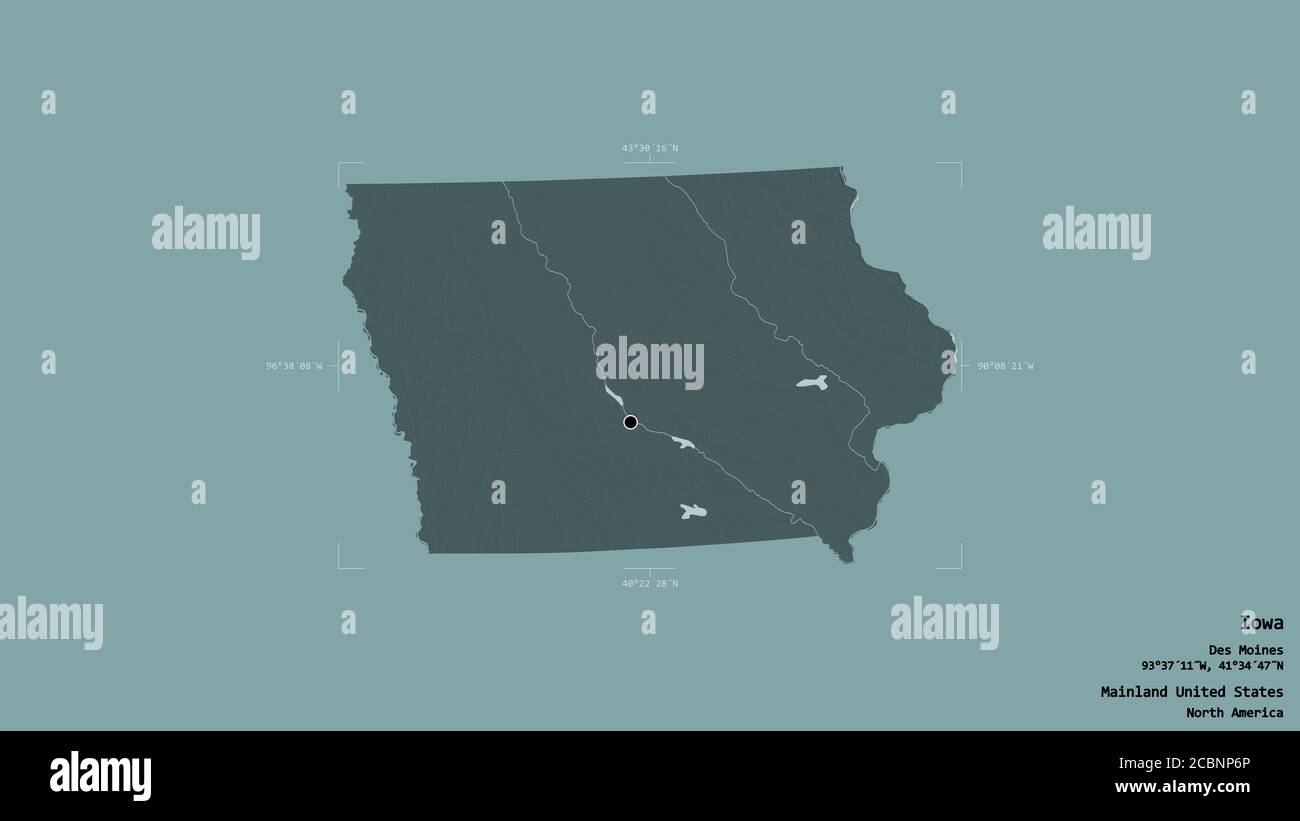 Area of Iowa, state of Mainland United States, isolated on a solid ...