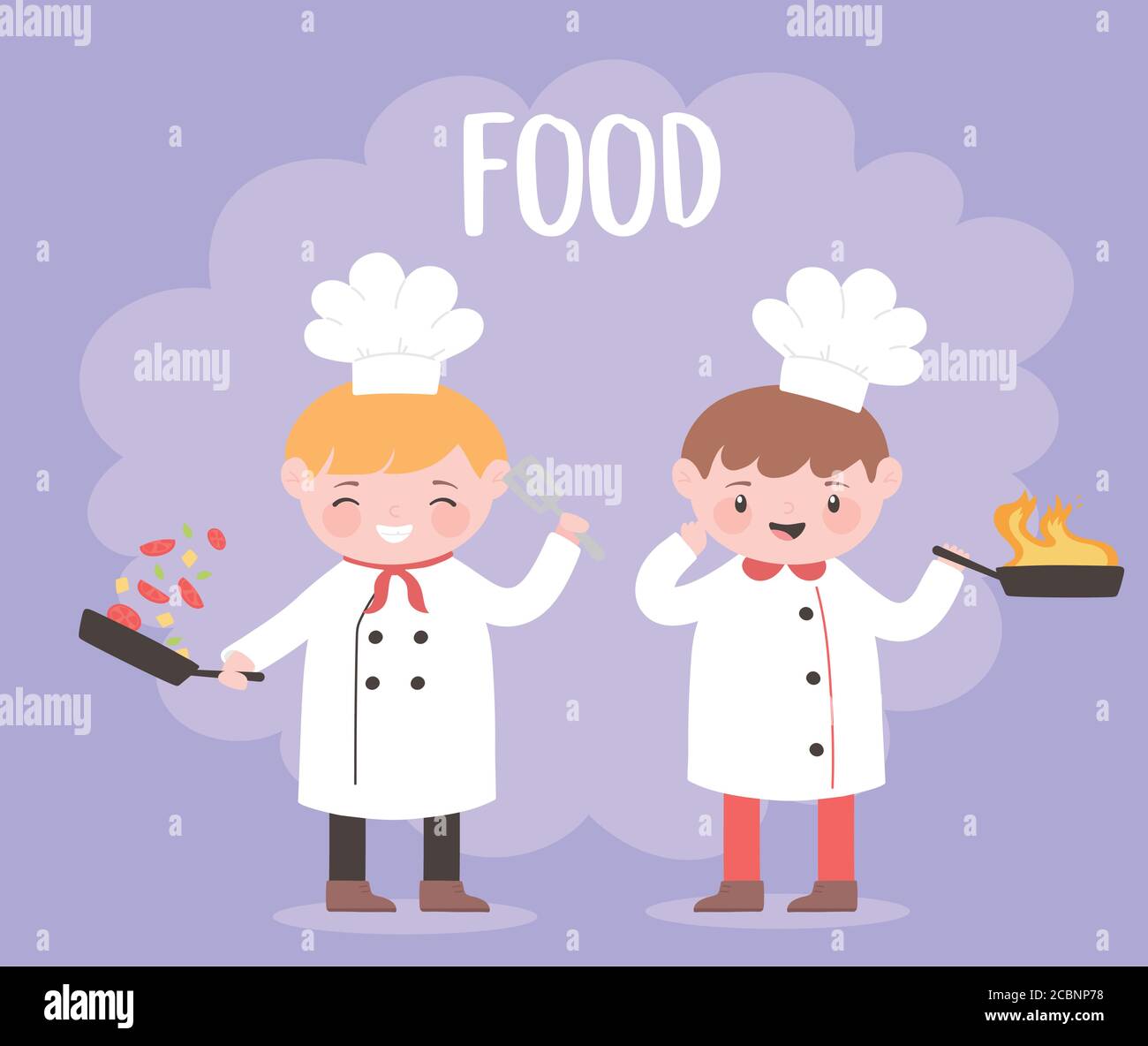 chefs boy cartoon character saucepan fire and vegetables vector ...