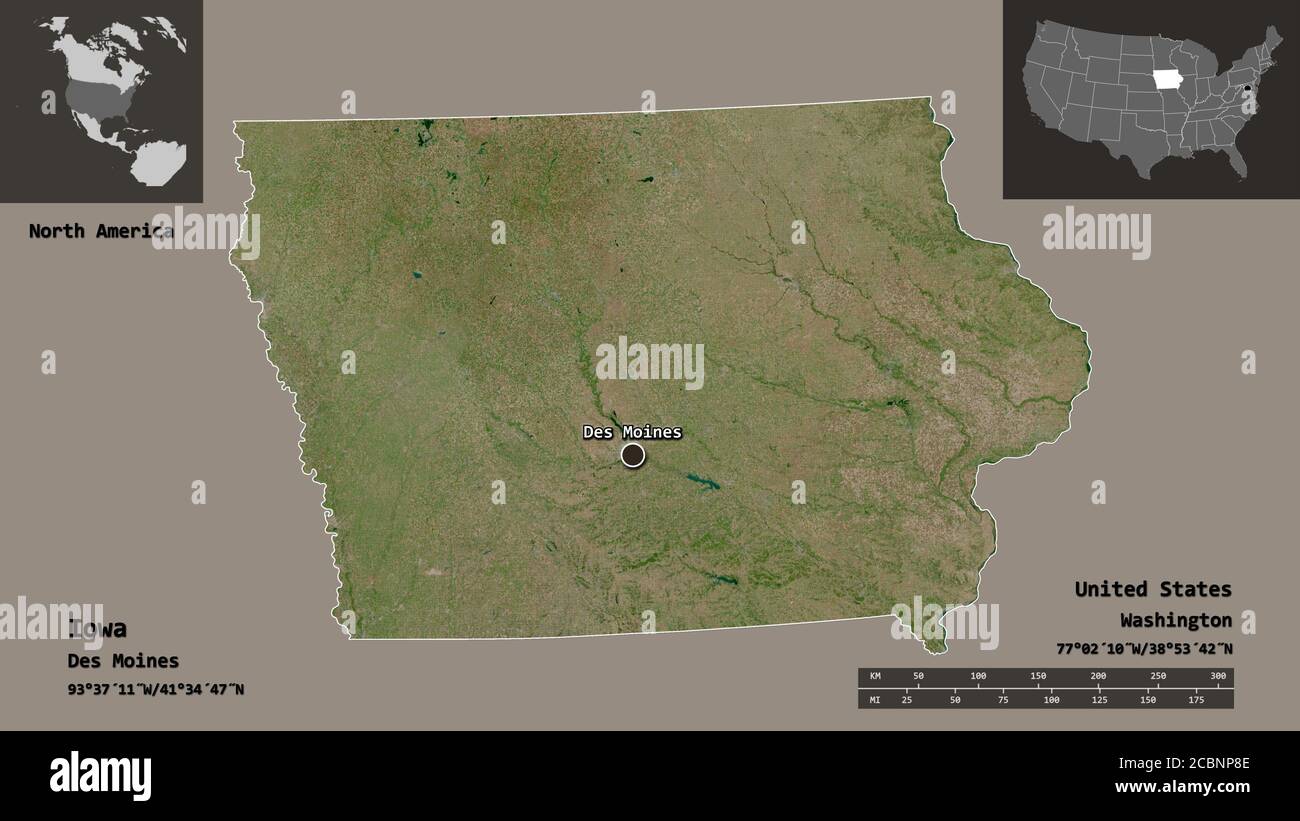 Shape of Iowa, state of Mainland United States, and its capital ...