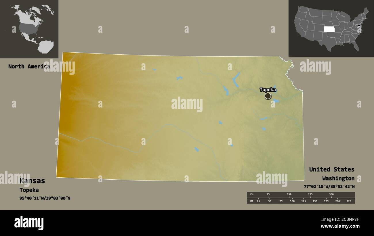 Shape of Kansas, state of Mainland United States, and its capital ...