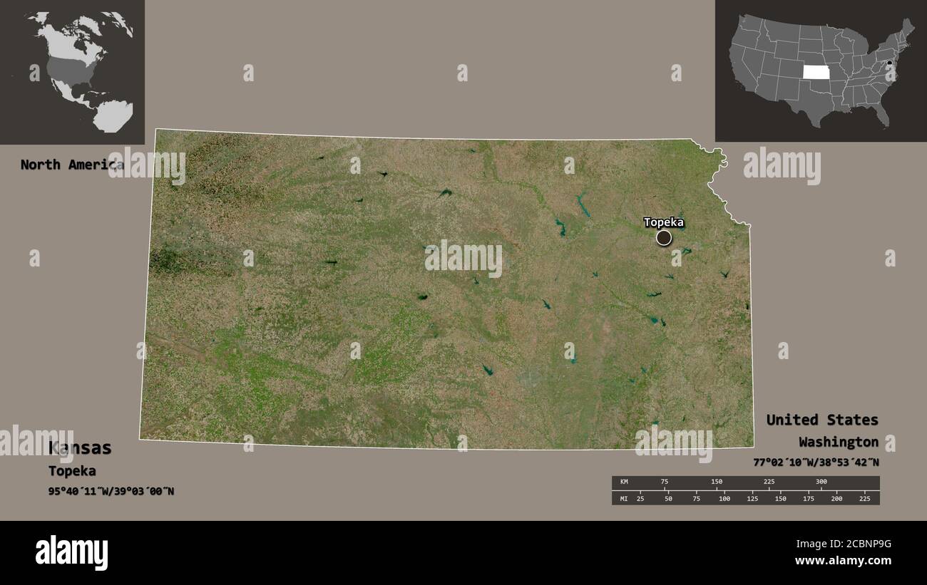 Shape of Kansas, state of Mainland United States, and its capital ...