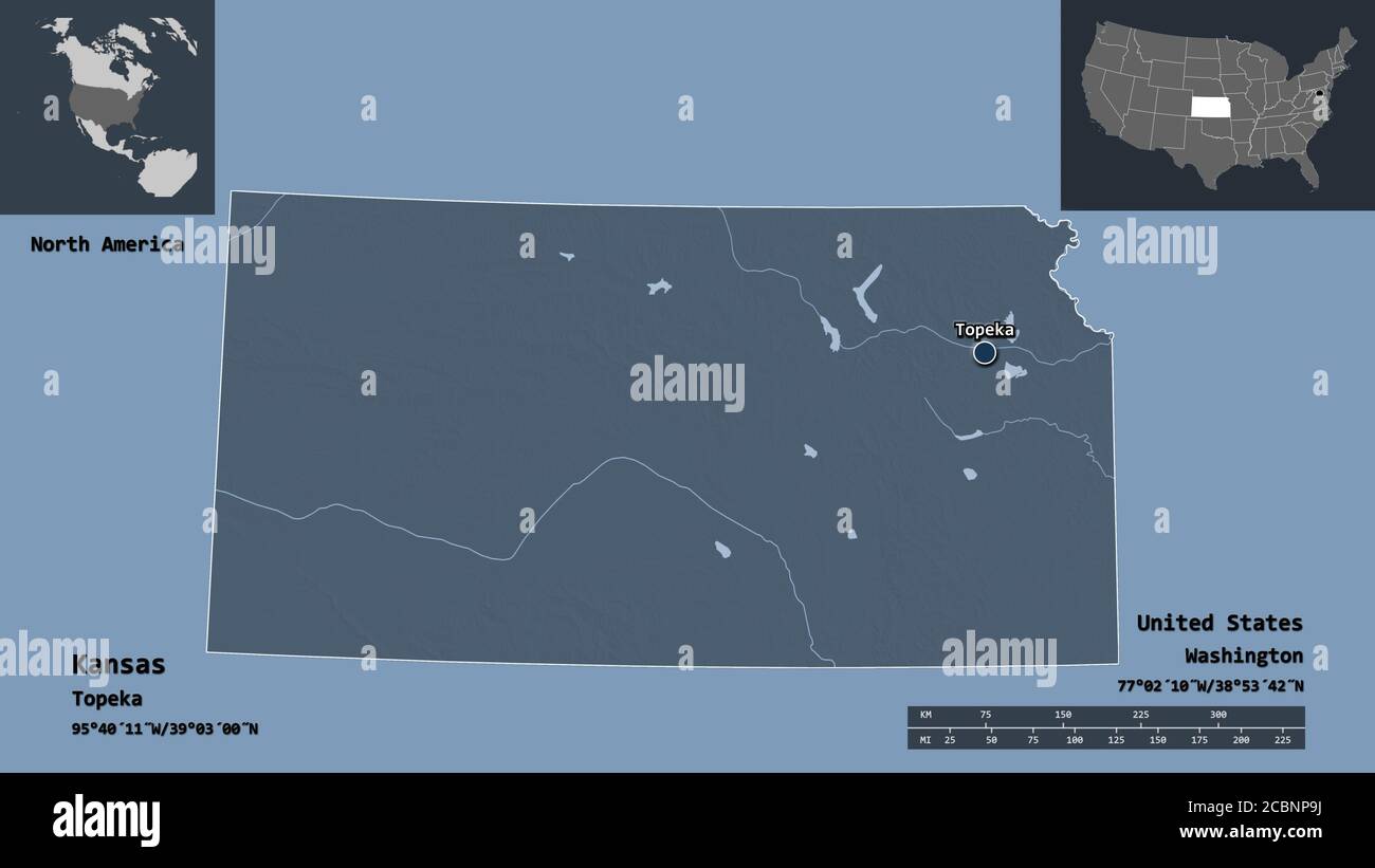 Shape of Kansas, state of Mainland United States, and its capital ...