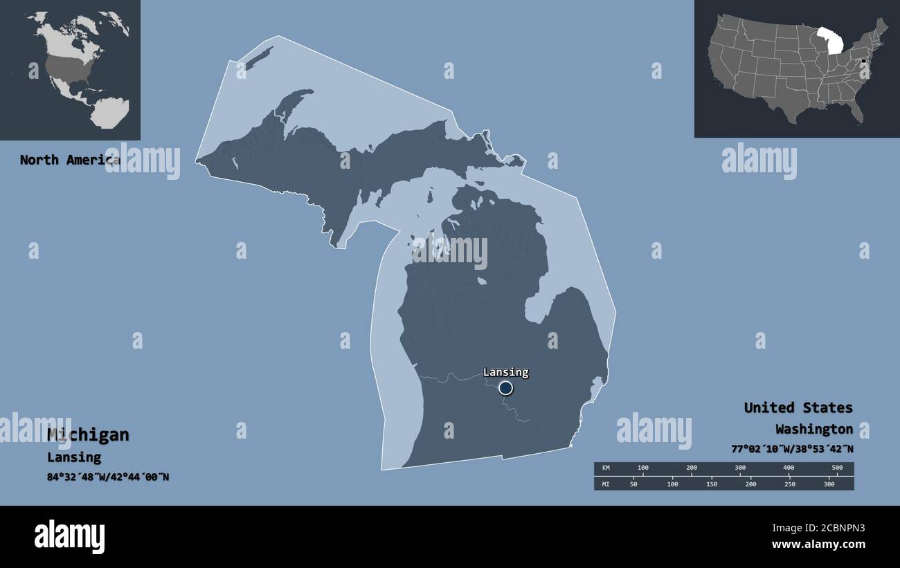 Shape of Michigan, state of Mainland United States, and its capital ...