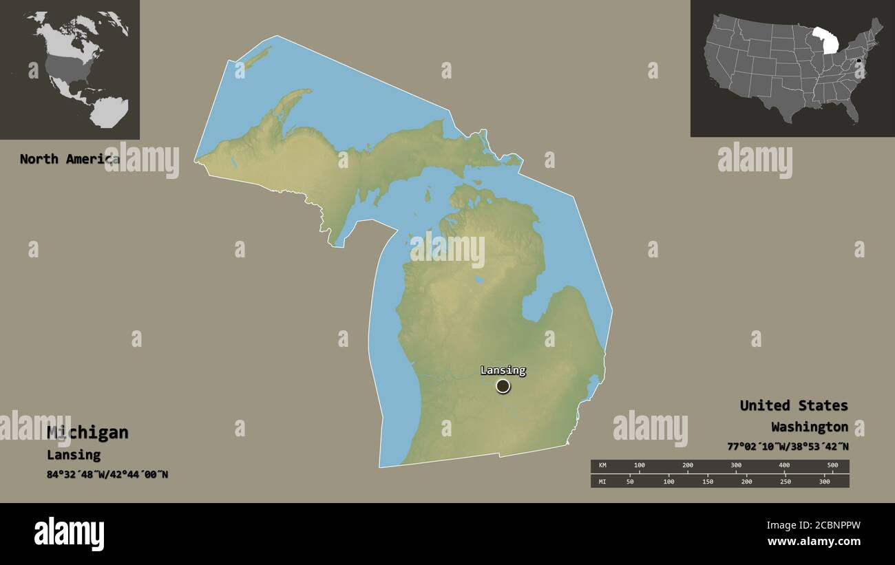 Shape of Michigan, state of Mainland United States, and its capital ...