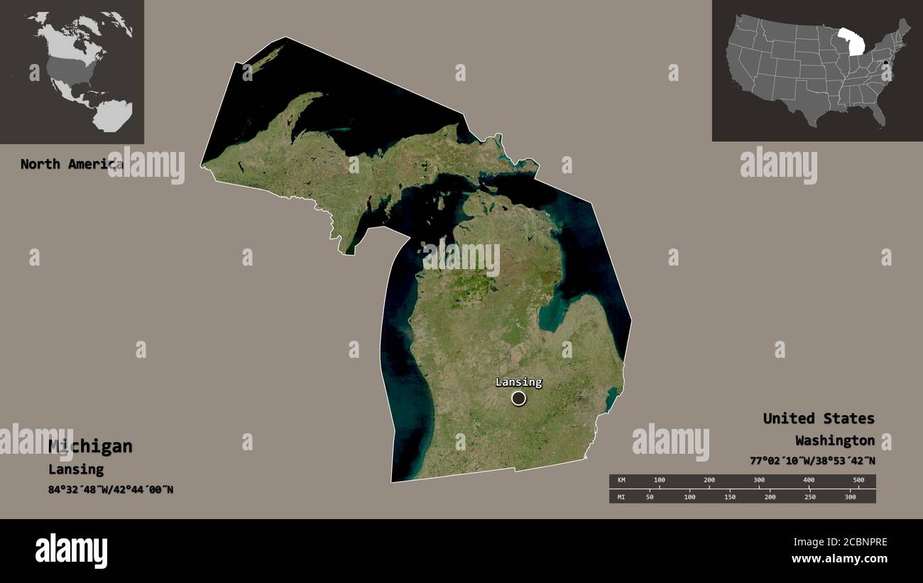 Shape of Michigan, state of Mainland United States, and its capital ...