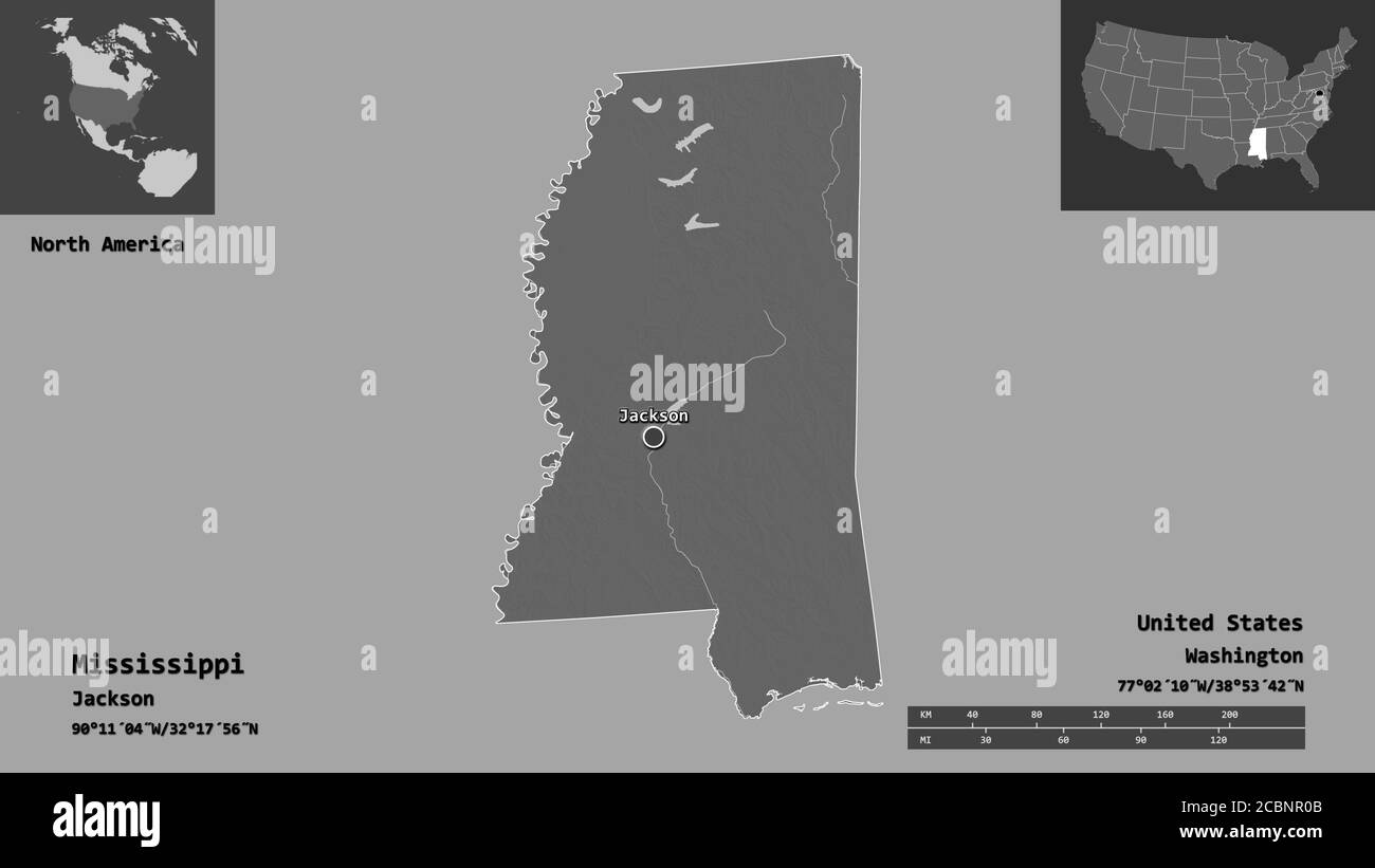 Shape of Mississippi, state of Mainland United States, and its capital ...