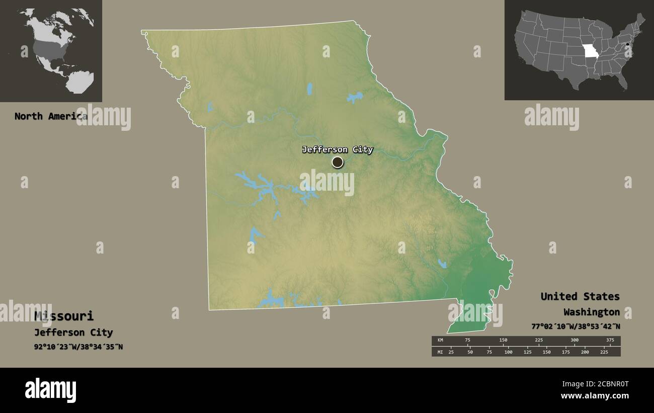 Shape of Missouri, state of Mainland United States, and its capital ...