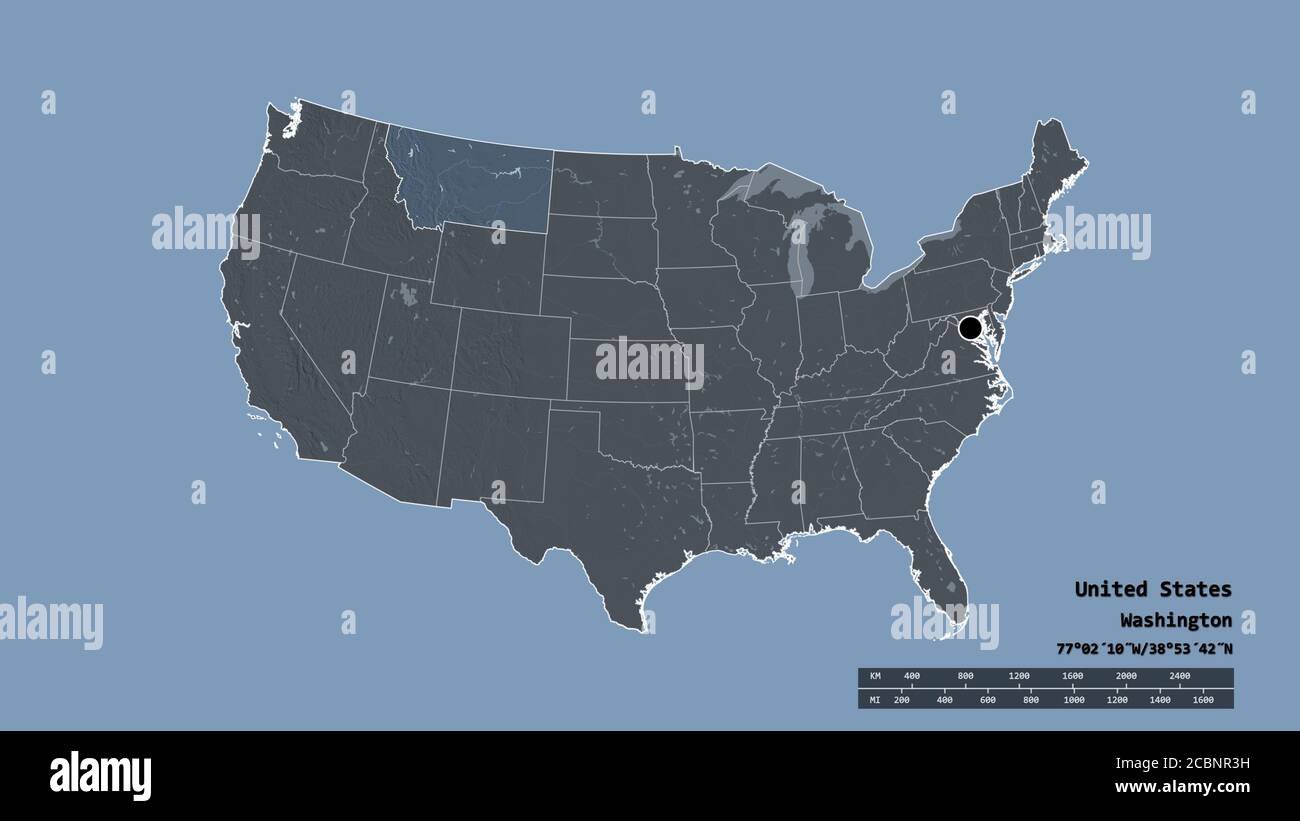 Desaturated shape of Mainland United States with its capital, main ...