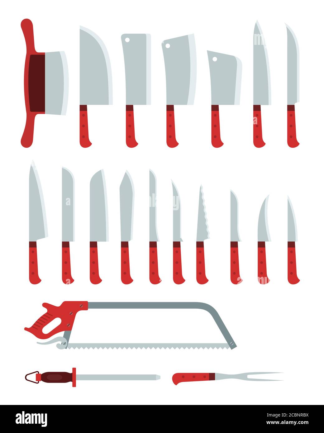 Different knives, hatchets and a saw, for cutting, chopping various ...